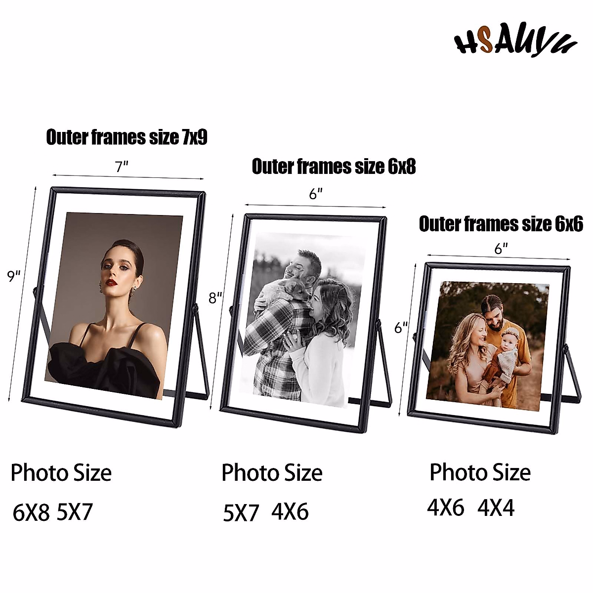 HSAUYU Glass Picture Frame Set of 3, Black Simple Metal Geometric Photo Frame with Glass Cover Includes 5x7, 4x6, 4x4 - Tabletop Floating Picture Frames for Home Decoration, Gift for Father's Day