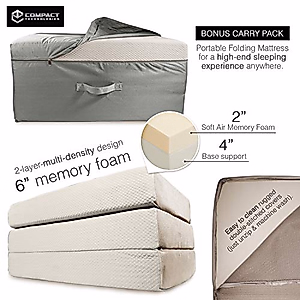 Portable Mattress - Folding Memory Foam Guest Fold Up Bed w/Case | Tri-Fold (6 Inch) Travel Away Floor, Futon & Camp Cot Topper for Fast Trifold Foldable (Fold-Up & Fold-Out) Sleep Comfort (Twin)