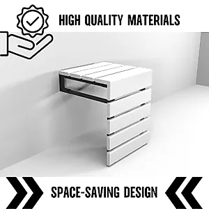 Folding Wall Mounted Teak Wood Handmade Shower Seat, Inside Shower Bathroom Stool for Seniors Disabled Pregnant Handicapped, Foldable Water Resistant Outdoor Bench (White)