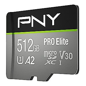 PNY 512GB PRO Elite Class 10 U3 V30 microSDXC Flash Memory Card - 100MB/s, Class 10, U3, V30, A2, 4K UHD, Full HD, UHS-I, micro SD