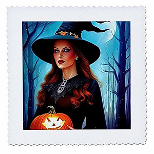 3dRose Lovely Young Witch with Jack-o-Lantern in The Forest - Quilt Squares (qs-378841-2)
