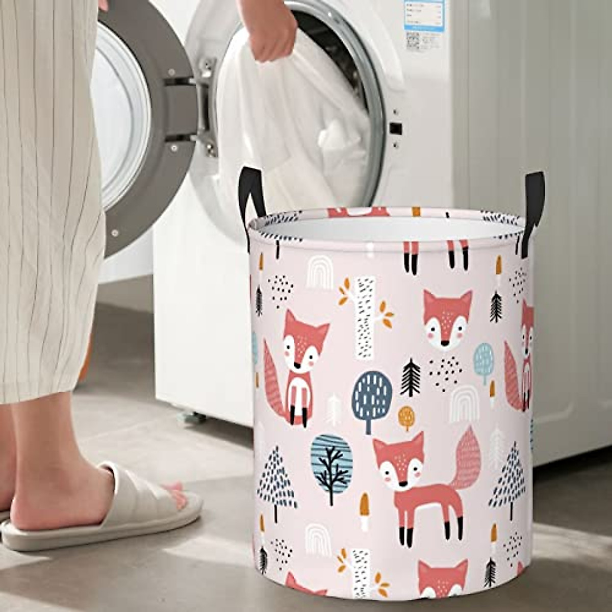 Fox Pink Laundry Hamper Collapsible Laundry Baskets with Handles Dirty Foldable Clothes Basket Easy Carry Laundry Bag Round Storage Basket for Bedroom Toy01