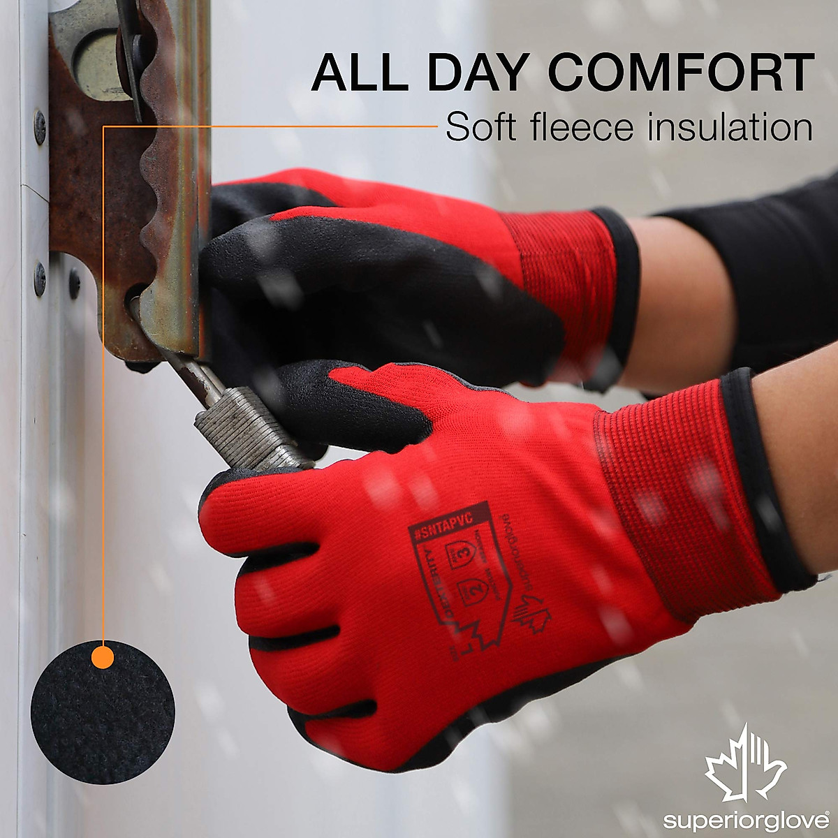Superior Glove Winter Work Gloves - Fleece-Lined with Black Tight Grip Palms (Cold Temperatures) Freezer Gloves - SNTAPVC - Size Medium