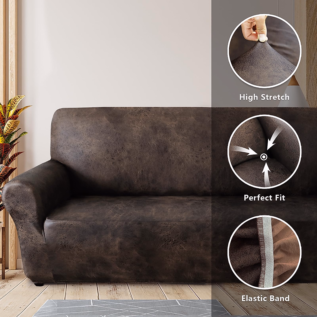 molasofa Sofa Covers - Couch Cover for Leather Couch, Soft and Washable Sofa Covers with Leather-Like Quality. Non-Pilling, Non-Slip 1-Piece Couch Cover for Dogs, Cats, and Kids (02 Dark Brown)