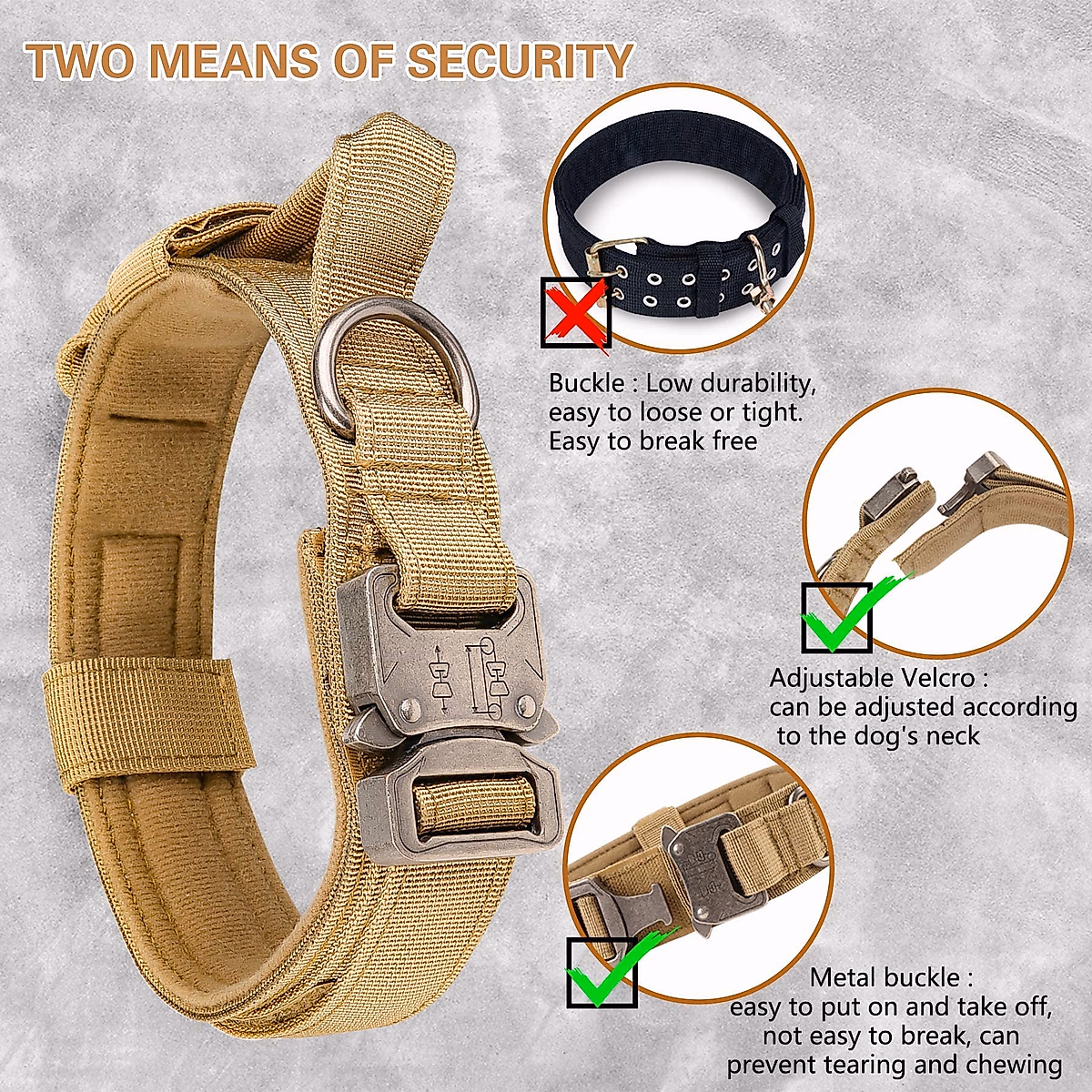 KCUCOP Tactical Dog Collar with Handle,Adjustable Military Dog Collar with Metal Buckle and Patches,Heavy Duty Dog Collars for Medium and Large Dogs (Brown-L)
