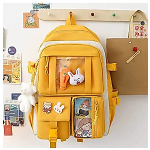 Kawaii Backpack Set of 5 with Pins and Accessories Cute Aesthetic Backpack Set with Display Window for School Teen Girls (Yellow)