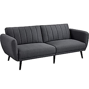 Topeakmart Sofa Bed Couch Sleeper Convertible Loveseat with Wood Legs Ribbed-Tufted Convertible Sofa Bed Linen-Upholstery for Small Space/Guest Room Gray