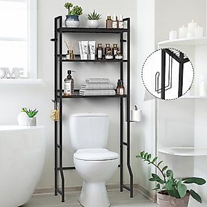 YBING Over The Toilet Rack 3 Tier Bathroom Shelf Over Toilet Storage Organizer Freestanding above Toilet Storage Rack with Metal Frame and Hook Bathroom Stand and Space Saver Shelf,Black