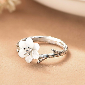 Jewever 925 Sterling Silver Original Sakura Open Tail Ring Adjustable White Shell Carving Flower For Women Jewelry Gift