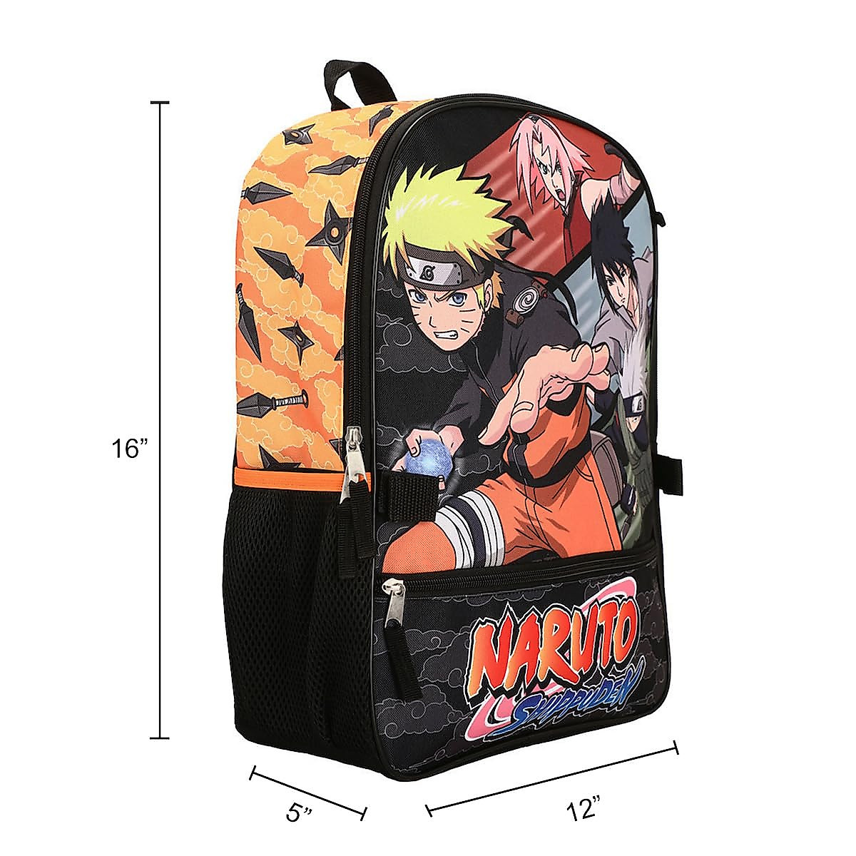 Naruto Anime Character Print Orange and Black 5-Piece Backpack Set For Boys