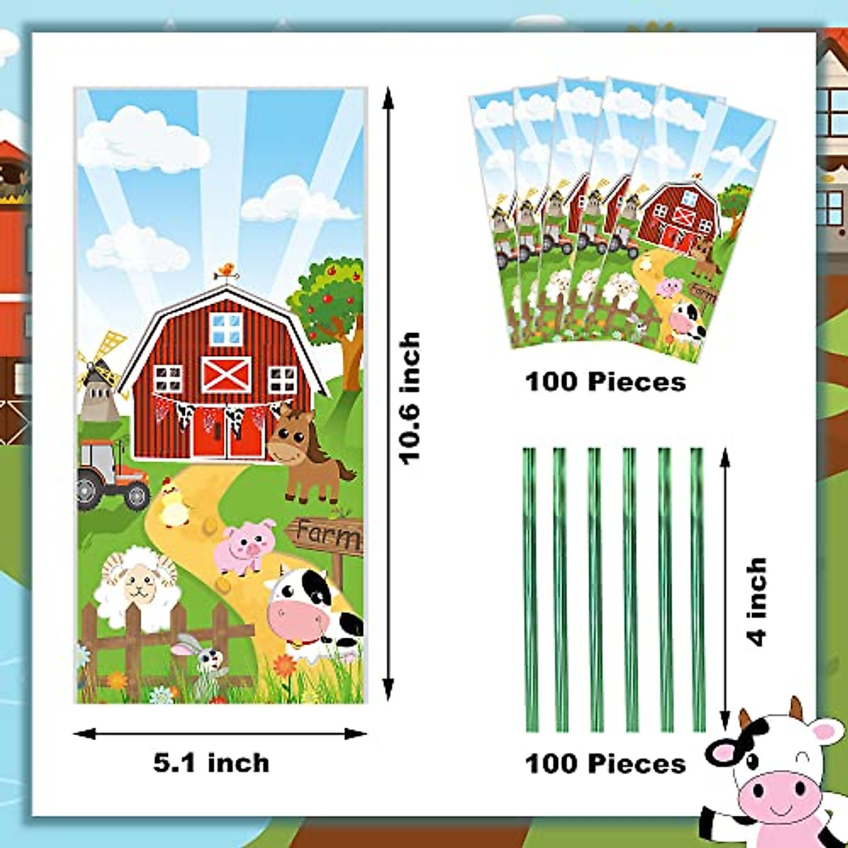 100 Pieces Farm Animal Cellophane Bags Farmhouse Party Treat Bag Cow Sheep Pig Printed Candy Goodie Bags with 100 Twist Ties for Birthday Baby Shower Party Favors Chocolate Snacks Cookies Packaging