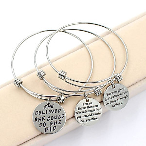 3 Pack Women Engraved Message Inspirational Words Round Charm Bracelets Set Expandable Silver Plated Stainless Steel Motivational Bangle Bracelet 3 Pic Set