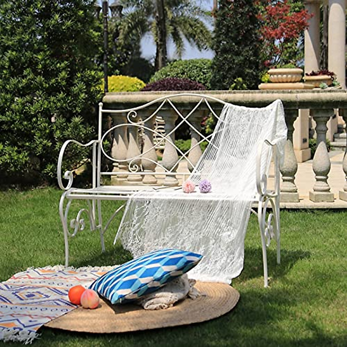 FQMYLTYN Metal Garden Bench Two People Outdoor Patio Bench, Weather Proof Porch Retro Loveseat, Perfect for Backyard, Deck, Lawn, Poolside, 107 X 54.5 X 95cm, White