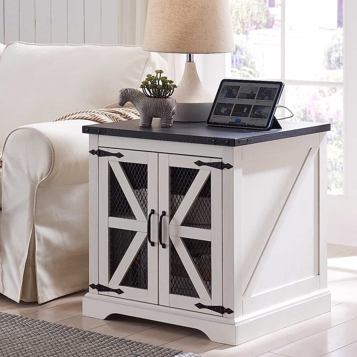 ACCOHOHO 24" Farmhouse End Table - Wood Large Sofa Side Table with Charging Station, Mesh Barn Door, and Adjustable Storage Shelf, Rustic Square Nightstand for Living Room, Bedroom, Antique White