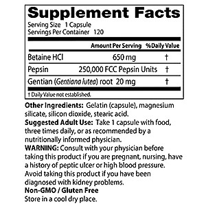Doctor's Best Betaine HCI Pepsin & Gentian Bitters, Digestive Enzymes for Protein Breakdown & Absorption, Non-GMO, Gluten Free, 120 Caps, Original Version