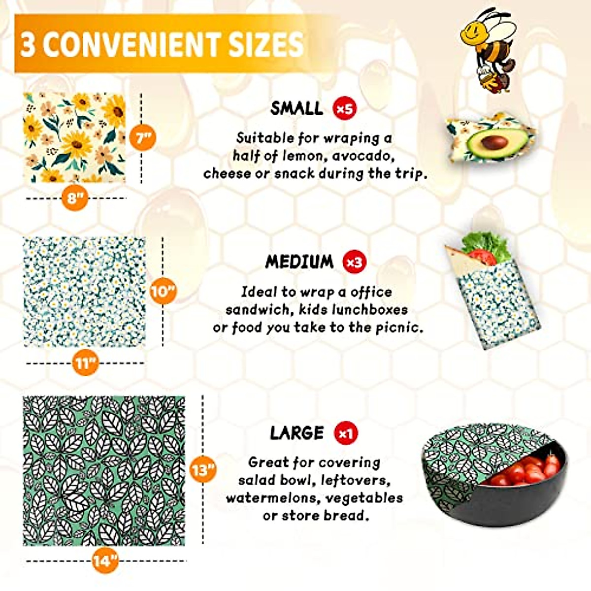 Beeswax Wrap, 9 Pack Eco-Friendly Beeswax Wraps for Food Storage, Organic, Sustainable, Beeswax Food Wraps, Zero Waste Reusable Food Wrap Beeswax Paper 1L, 3M, 5S Plants Pattern Sandwich Wrappers