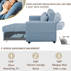 Aoowow Convertible Sleeper Sofa Bed 57 Inches, Faux Leather 2 Seats Sofa with Pull Out Bed,Loveseat Sofa Couch with Adjustable Backrest, 2 Pillows Pocket for Living Room Small Apartment (Sky Blue)
