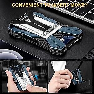 Poaivel Men's Minimalist Credit Card Holder, Metal Money Clip Wallet with Clear ID Badge Holder, Carbon Fiber Wallet, Ultra-Thin Tactical Wallet, Holds 16 Cards Plus Cash (Navy Blue)