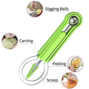Esmartlife Melon Baller Scoop Set, Professional 4 In 1 Stainless Steel Fruit Carving Tools Knife Kit,Fruit Scooper Double Sided Melon Baller for Watermelon Ice Cream（Green)
