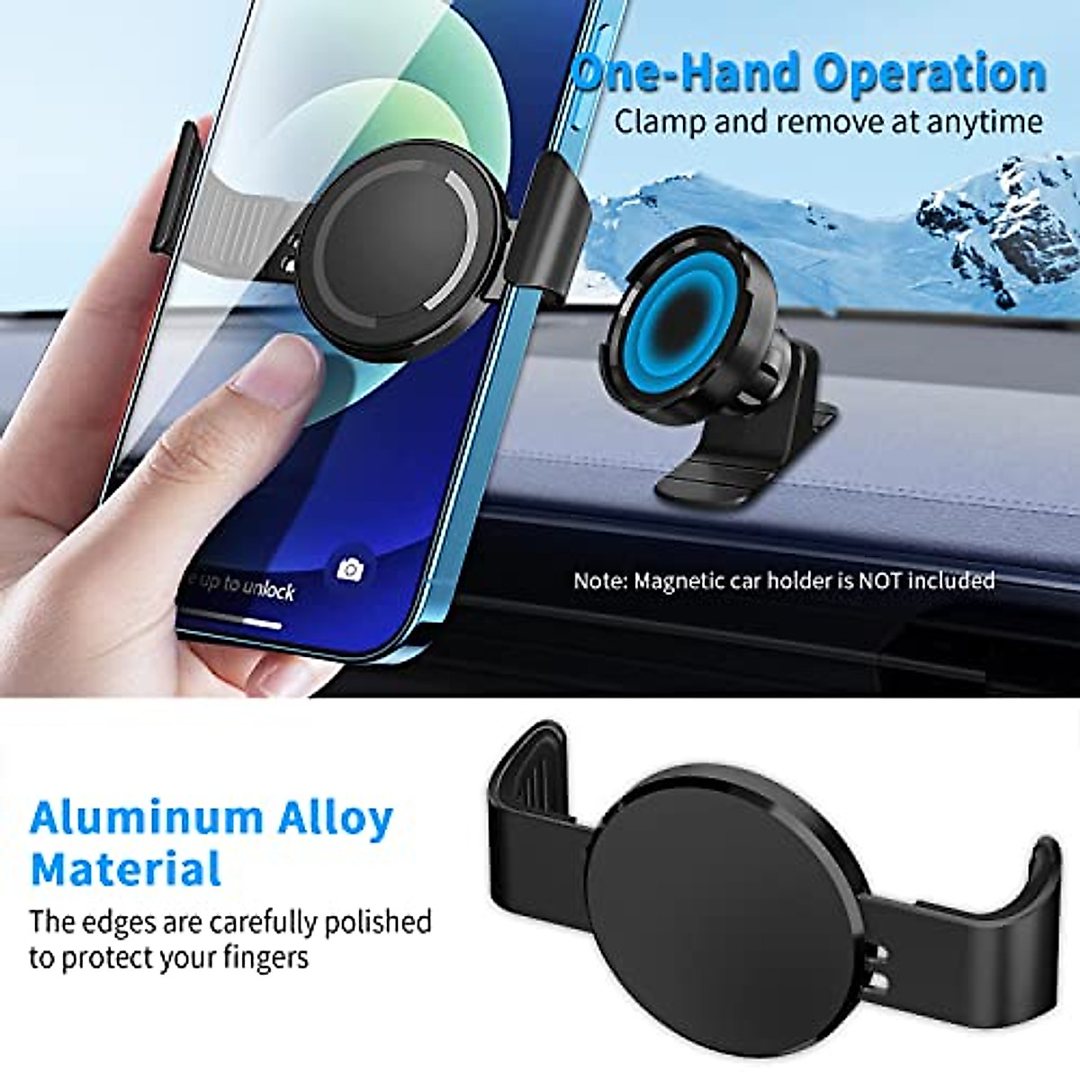 GOUPPL Metal Phone Clamp for Magnet Car Mount Holder, Adjustable Hands-Free Phone Clip Compatible with All Magnetic Mounts [Clamp and Remove at Anytime] Fits iPhone Samsung Smartphone (Black)
