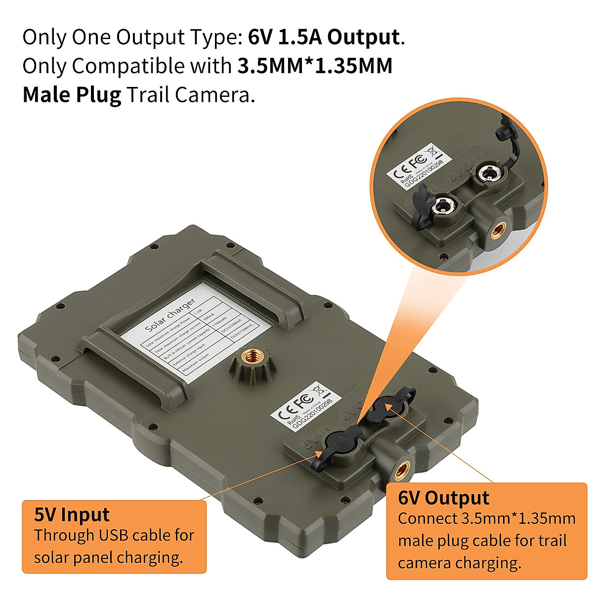 FOCUHUNER Trail Camera Solar Panel, Solar Battery Charger Kit 6V/1.5A with Build-in 1700mAH Rechargeable Lithium Battery IP66 Waterproof Hunting Accessory, Solar Panel for Trail Camera(3.5MM*1.35MM)