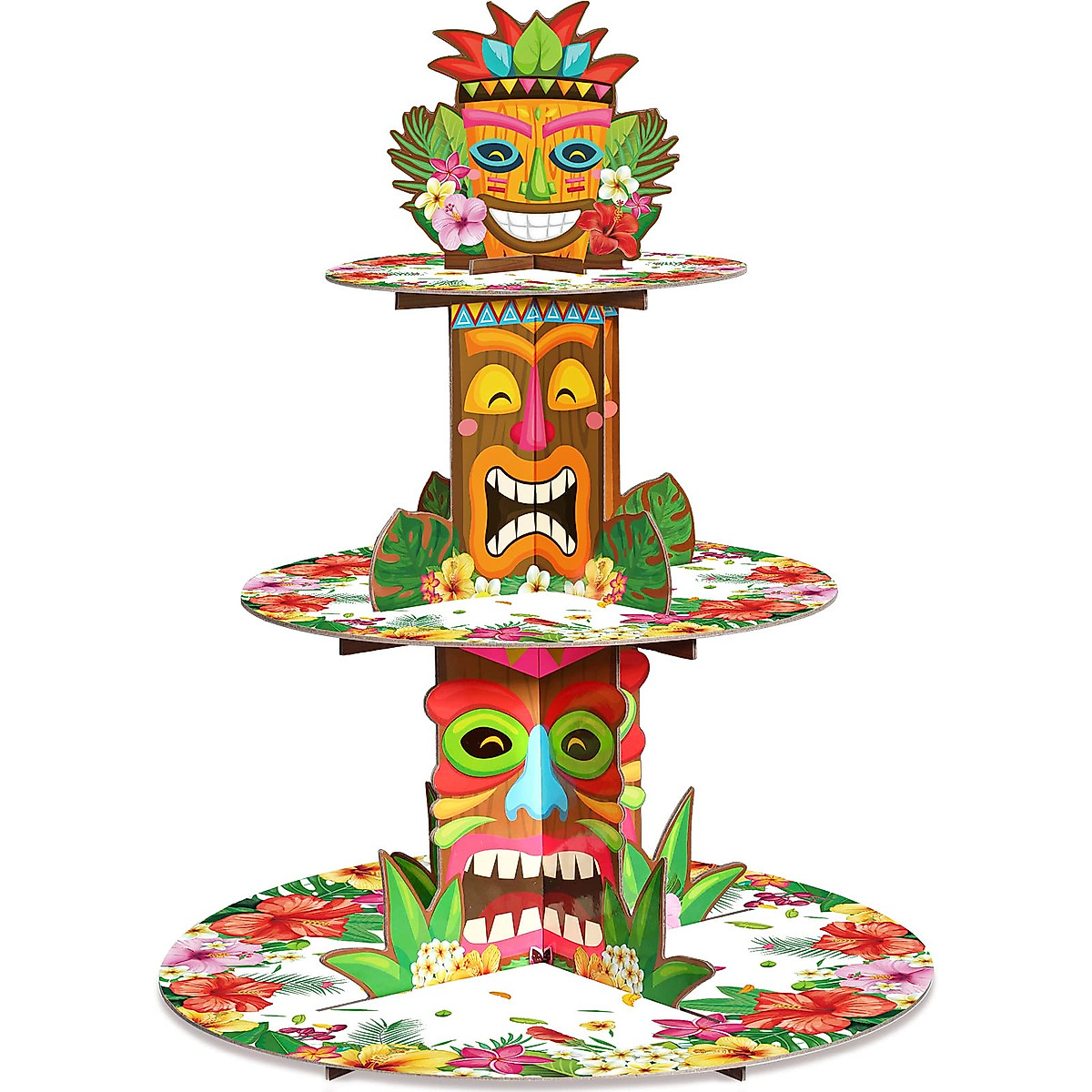 Hawaiian Cupcake Stand Luau Party Decorations 3 Tier Tiki Cupcake Stand Aloha Cake Holder Tropical Cupcake Tower Dessert Stand for Summer Beach Pool Hawaiian Birthday Party Decorations Supplies