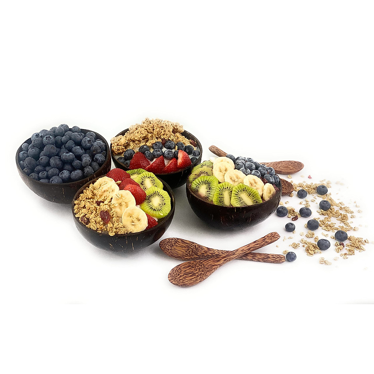 RobinsonTaylor Products 4 Organic Coconut Bowls with Spoons: Set of 4-100% Natural, Vegan, Organic, Eco-Friendly and Plant Polished Coconut Bowls with Wooden Spoons