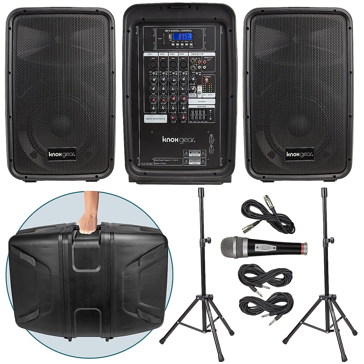 Knox Gear Dual Speaker and Mixer Set–Portable 8” 300 Watt DJ PA System with Wired Microphone & Tripod Stands, Amplifier, Bluetooth, USB, SD, 1/4” Line RCA, XLR Inputs, Ideal for a party or event