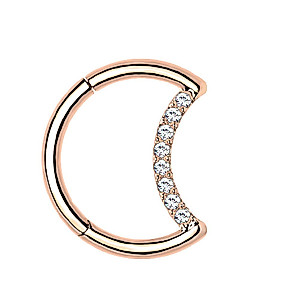 Pierced Owl 16GA G23 Implant Grade Titanium CZ Crystal Paved Crescent Moon Shaped Hinged Segment Ring (Rose Gold Tone/Clear)