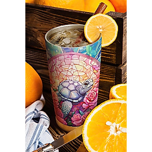 20oz Stained Glass Flower Sea Turtle Tumbler, Gifts for Turtle Lovers, Ocean, Beach Gifts, Coffee Thermos for Women, Stainless Steel Double Wall Vacuum Insulated Coffee Mug, Travel Cup with Lid