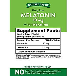 Nature's Truth Maximum Strength Melatonin 10 mg Plus L-Theanine Capsules, 72 Count