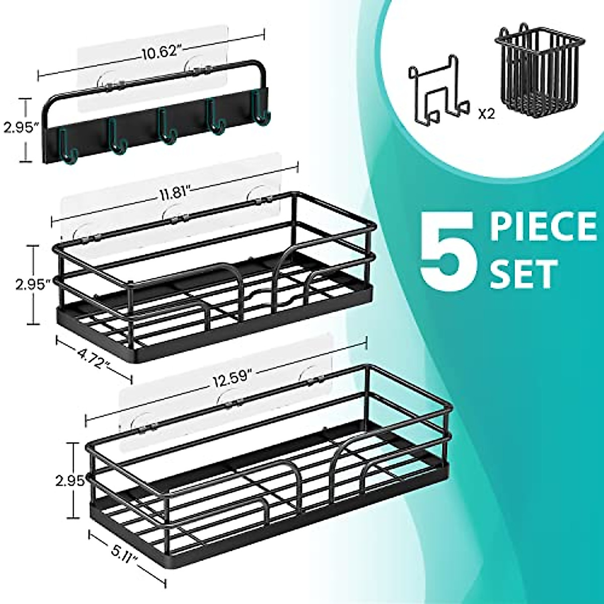 EZFurni Set of 4 Adhesive Shower Caddy, Rustproof Stainless Steel Bathroom Shower Organizer & Towel Holder Included, Solid Shower Shelves for Inside Shower,Roomy Shower Rack, Not Slide Down, Black