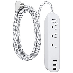 Philips Accessories 3 Outlet Surge Protector Power Strip with 3 USB Ports, 6 Ft Designer Braided Power Cord, Flat Plug, Perfect for Office or Home Décor, 360 Joules, ETL Listed, White, SPP3306WB/37