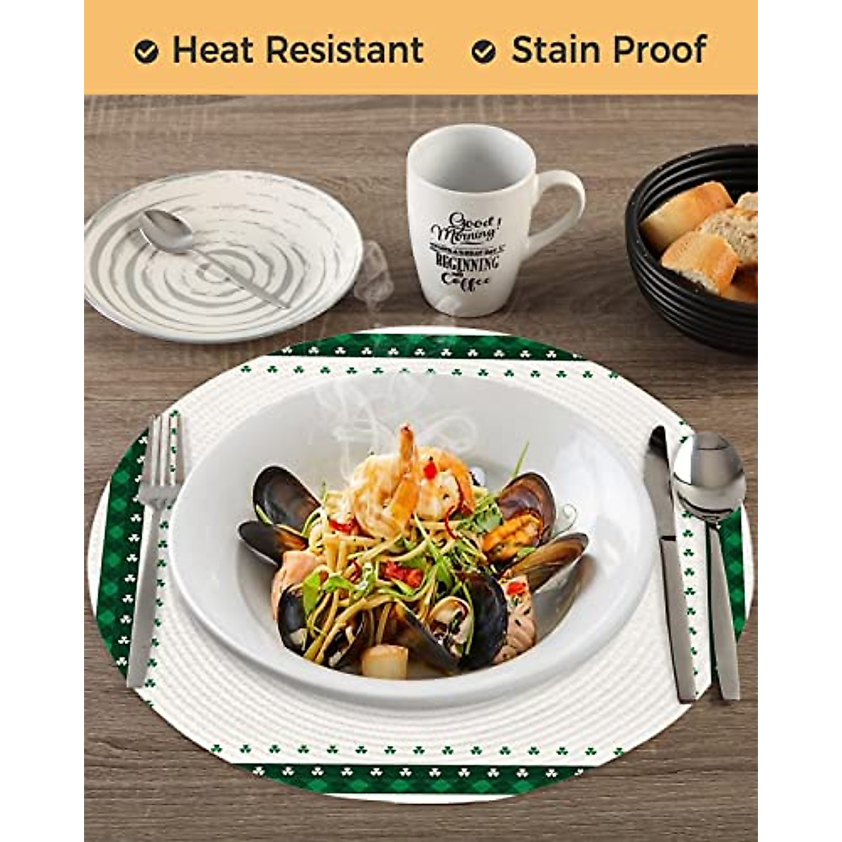 15" Round Braided Placemats Set of 2 St. Patrick Clover Shamrocks Classic Stylish Woven Place Mats Table Mats Set-Thick Heat Resistant Kitchen Trivet Hot Pads Pot Holder for Dining Tables