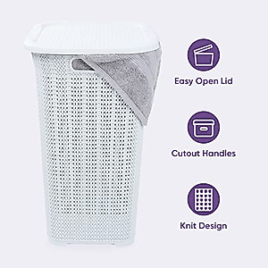Wicker Laundry Hamper With Lid 50 Liter - White Laundry Basket 1.40 Bushel Durable Bin With Cutout Handles - Easy Storage Dirty Cloths in Washroom Bathroom, Or Bedroom. By Superio