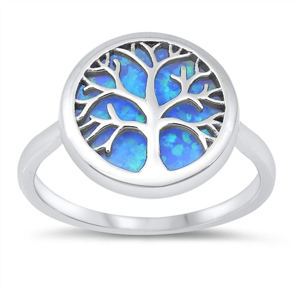 CloseoutWarehouse Blue Simulated Opal Round Tree Of Life Ring Sterling Silver Size 8