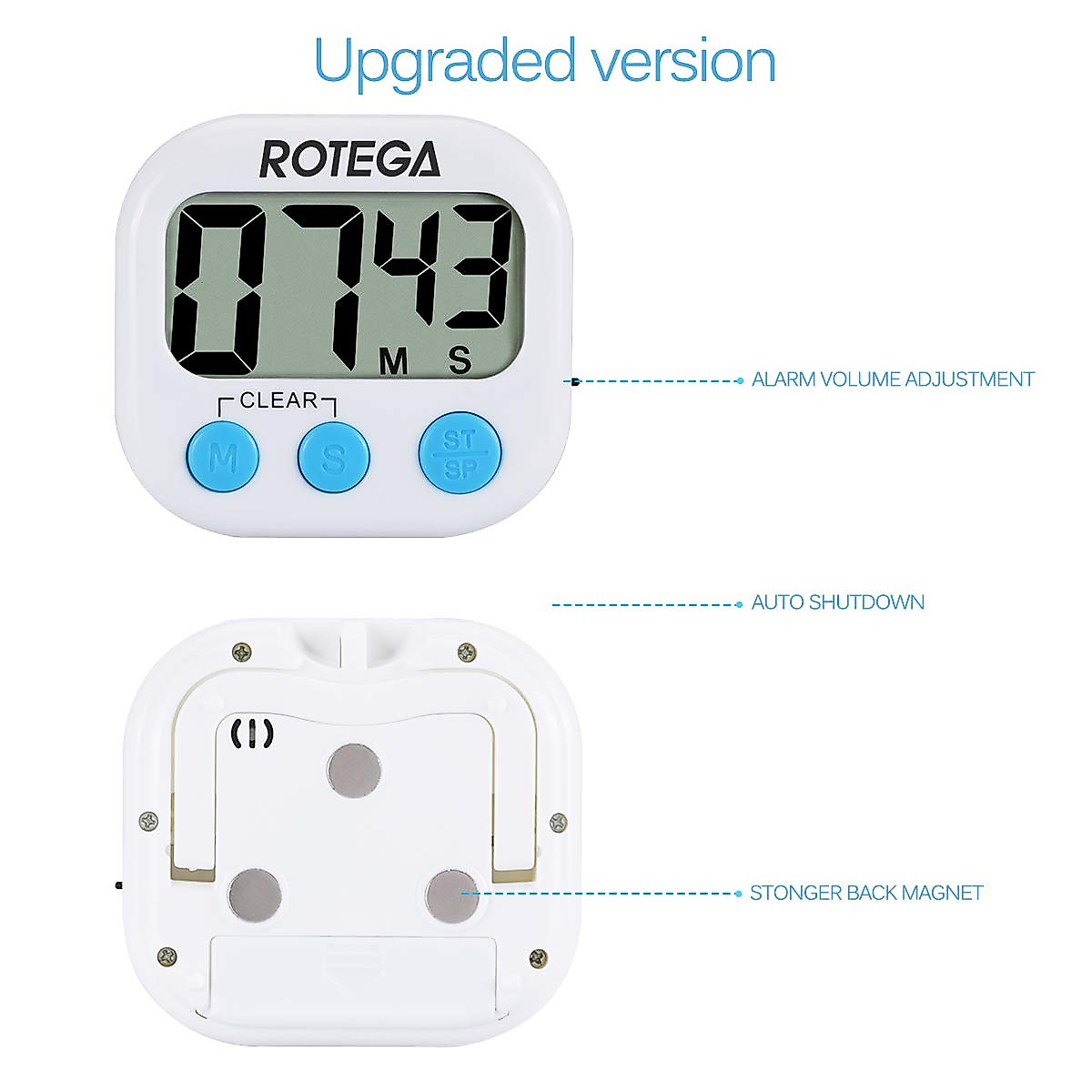 ROTEGA 3 Pack Upgrade Magnetic Digital Kitchen Timer, Auto Shut-Off, Loud Alarm and Volume Adjustable,Strong Magnet Back, Large LCD Display, Premium Count-Up & Count Down for Cooking, Classroom,White