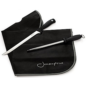 Ham Carving Knife with Honing Steel and Ham Cover - Professional Set for Slicing Serrano, Ibérico Ham & Italian Prosciutto