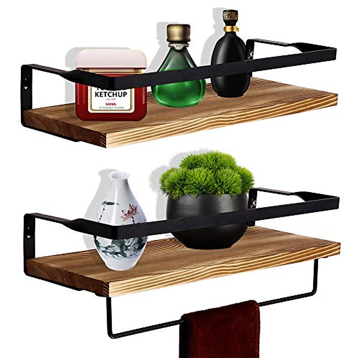 Normei Wood Floating Shelves Floating Shelves Wall Mounted Rustic Wood Shelves with Towel Holder for Bathroom, Kitchen, Set of 2 (Carbonized Black)