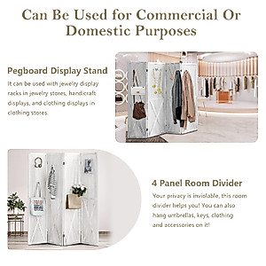Leesinwing 4 Panel Pegboard Display, 5.6Ft Wood Room Dividers and Folding Privacy Screens, Peg Board Room Divider, Portable Display Board Organizer for Art, Jewelry, Crafts Display Racks, Off White