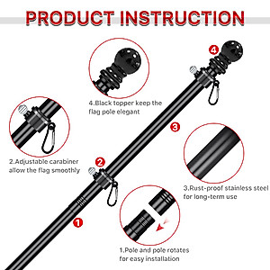 Joyday Flag Pole Kit, 5FT Flag Pole, Stainless Steel Outdoor Tangle Free Flagpole Kit for American Flag with Two 360°Rotating Rings for House Porch Garden Yard Truck Boat (Standard Kit)