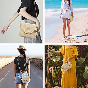 Straw Shoulder Bag Straw Clutch Straw Crossbody Bag Handmade Straw Beach Bag for Women Envelope Purse Wallet with Hand-woven Pompom (Creamy White)