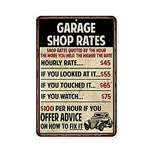 Shop Rates Sign Garage Rustic Wall Décor Mechanic Signs Pops Decorations Mechanics Automotive Man Cave Bar Tin Vintage Mancave Car Funny Retro Plaque Dads Gift 8 x 12 High Gloss Metal 208120068019