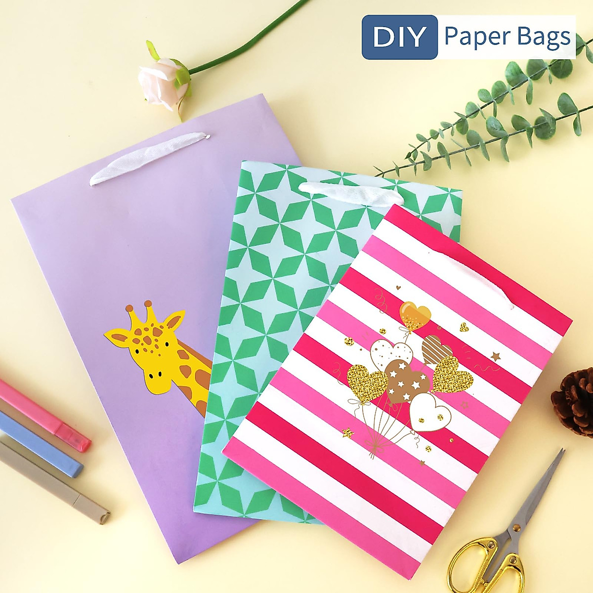 Moretoes 12 Pack Gift Bags Assorted Sizes and Designs, Gift Bags Bulk with Tissue Paper 12 Patterns in 3 Different Sizes for Birthday, Baby Showers