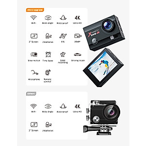 CAMWORLDCAM FOXGEEK Action Camera 4K 20MP WiFi Underwater 131FT Waterproof Sport Cam with Image Stabilization External Microphone Remote Control 2 Batteries & Helmet Accessories Kit, Black