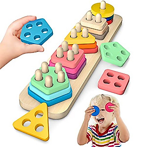 Montessori Toys for 1 2 3 Year Old Boys and Girls, Wood Sorting and Stacking Toys for Toddlers Learning Color and Shape Sorter Preschool Toy Kids Wood Gifts