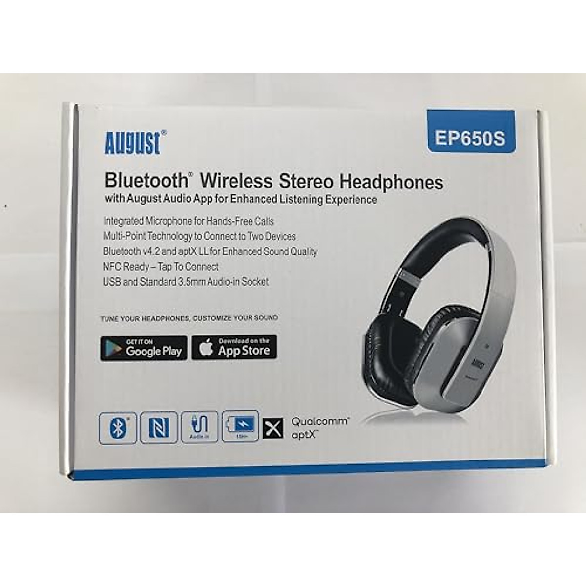 August EP650 Bluetooth Wireless Over Ear Headphones with aptX LL Low Latency/Multipoint/NFC / 3.5mm Audio in/Headset Microphone - Silver