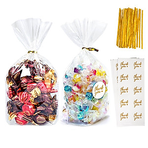 Cherodada 6"x 9" 100 Pcs Clear Cellophane Treat Bags with Thank You Stickers and Twist Ties, Bottom Gusset Bags Gift Bags for Small Party Favor Packaging, Small Gift Wrapping, Food Storage