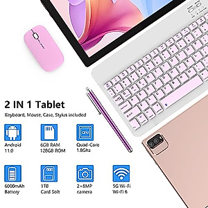 2023 Newest 2 in 1 Tablet with Keyboard, 6GB+128GB/1TB Expandable, 10 inch Tablet Android 11 Tablets Include Mouse Stylus Tempered Film, 5G WiFi 6, 8MP Dual Camera, 1280*800 10" FHD, 6000mAH Tablet PC