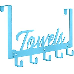 Azmoncy Over The Door Hooks, Towel Rack for Bathroom Wall Mount Towel Hanger, Towel Holder for Hanging Heavy Duty with 5 Hooks for Pool Bedroom Bathroom Kitchen Towels, Bag, Coats(Blue)